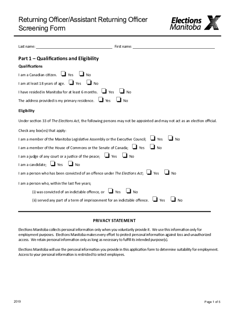 Fillable Online electionsmanitoba.caenAboutReturning Officer/Assistant ...