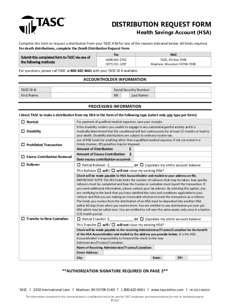 Fillable Online www.hrcts.comHSADistributionRequestFormHealth Savings Account Distribution ...