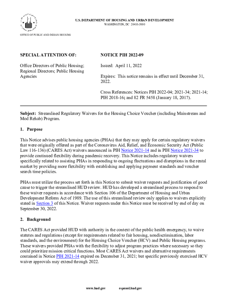 Fillable Online NOTICE PIH 2022-09 Office Directors of Public Housing ...