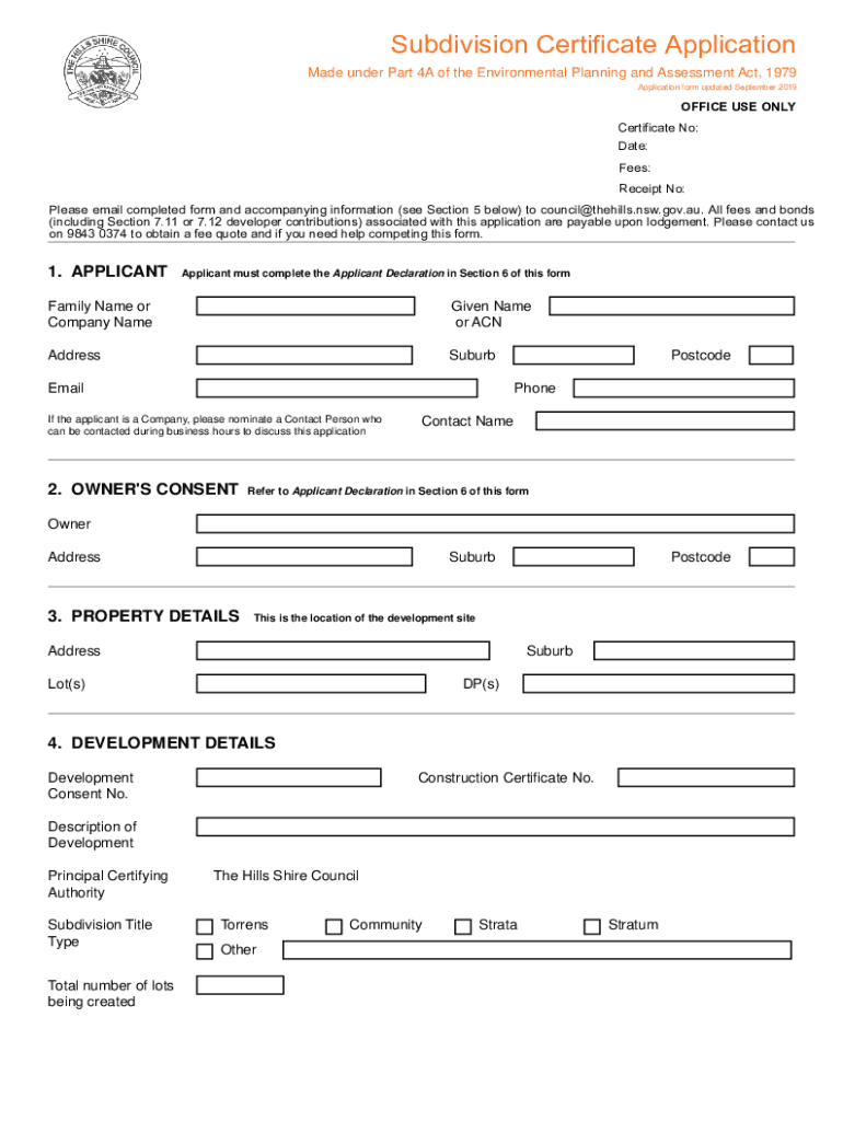 Fillable Online Subdivision Certificate Application - thehills.nsw.gov.au Fax Email Print ...