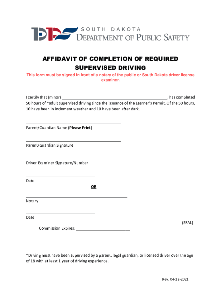 Fillable Online dps sd AFFIDAVIT OF COMPLETION OF REQUIRED SUPERVISED ...