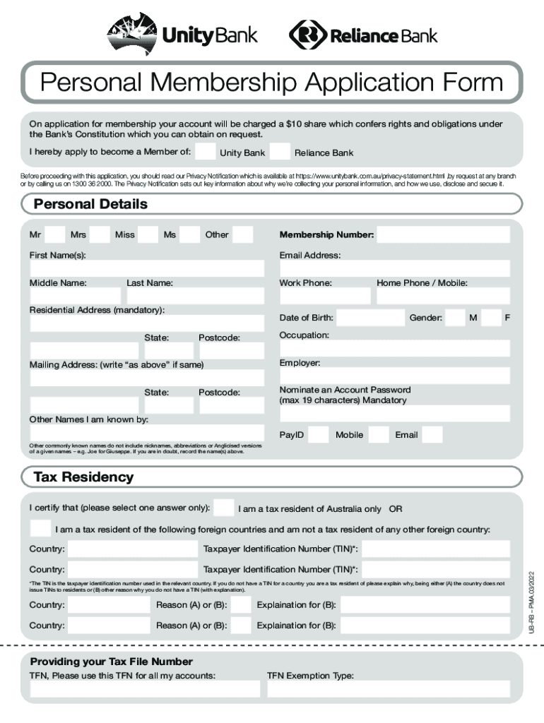 Fillable Online asset.unitybank.com.au files FormsPersonal Membership ...