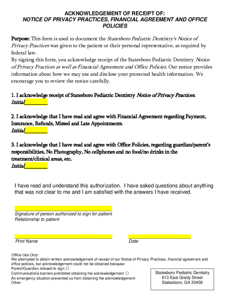 Fillable Online ACKNOWLEDGEMENT OF RECEIPT OF: NOTICE OF PRIVACY ...