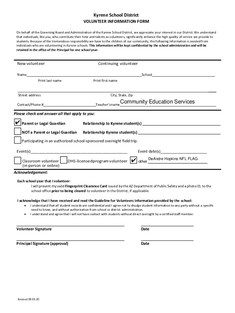 Fillable Online www.kyrene.orgcmslib2Kyrene School District VOLUNTEER ...