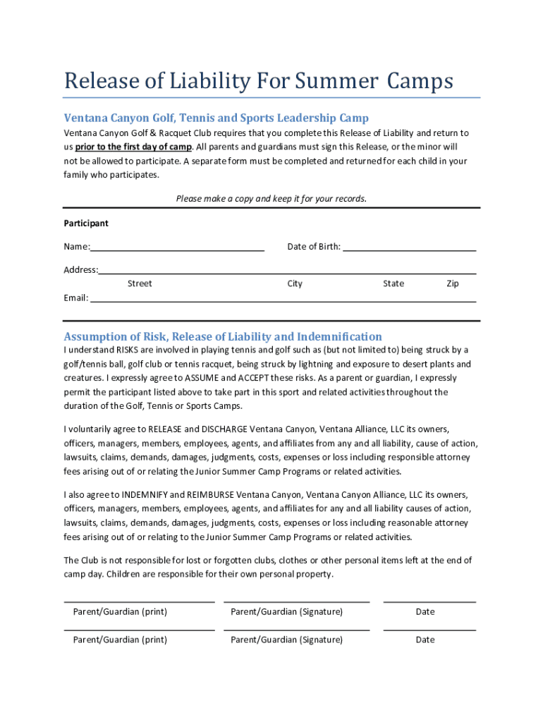 Fillable Online Release of Liability For Summer Camps Doc ...
