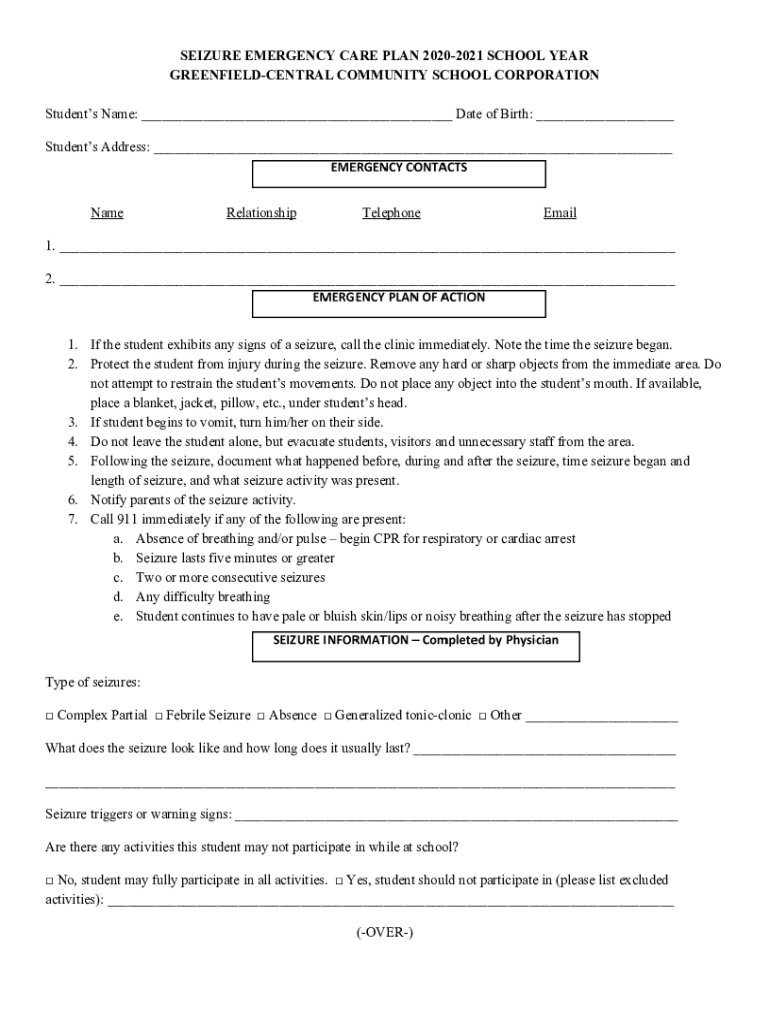 Fillable Online eden gcsc k12 in SEIZURE Emergency Care Plan - Docest ...