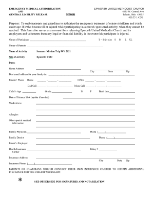Fillable Online Emergency Medical Authorization and Liability Release Fax Email Print - pdfFiller