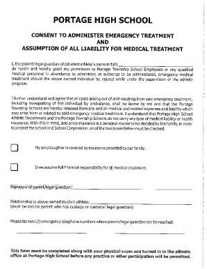 Fillable Online Portage High School Emergency Medical Treatment Consent ...