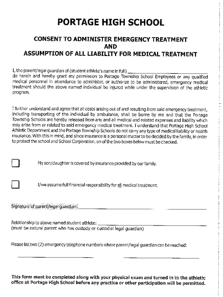 Fillable Online Portage High School Emergency Medical Treatment Consent ...