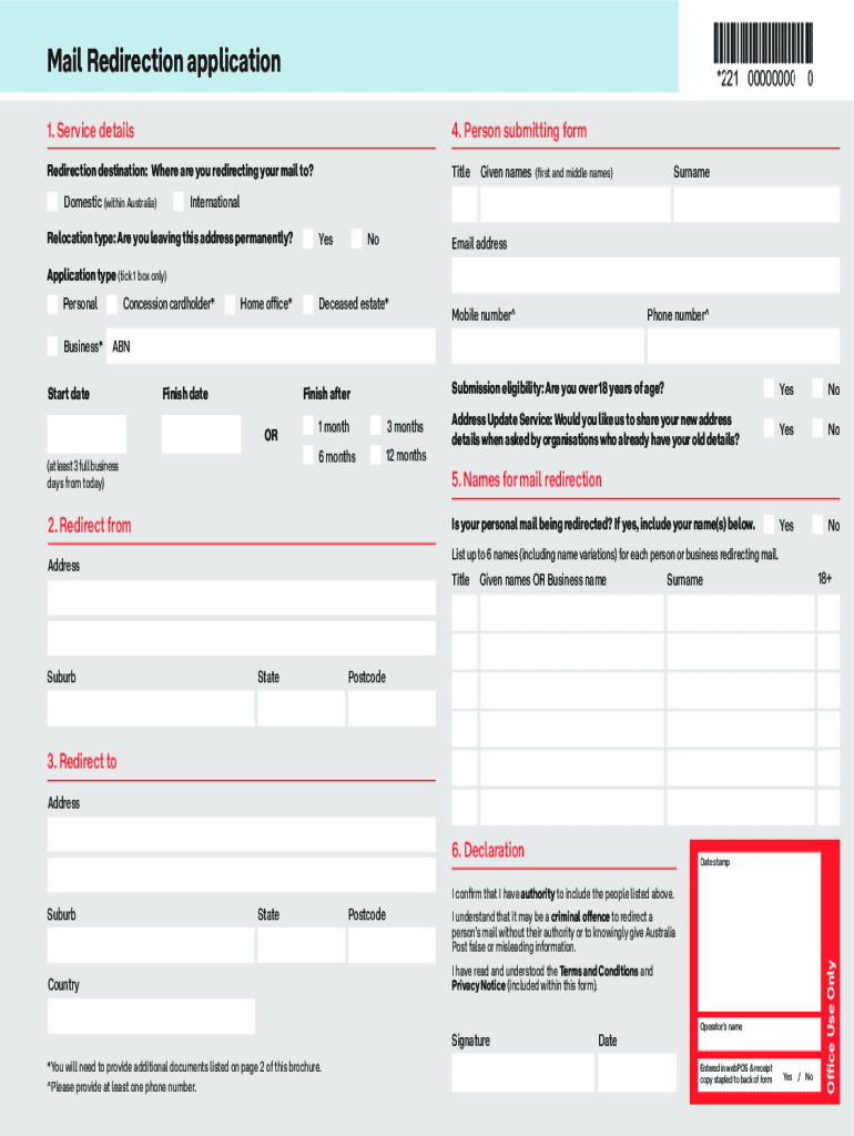 AU Post Mail Redirection Application Form Fill Online Printable