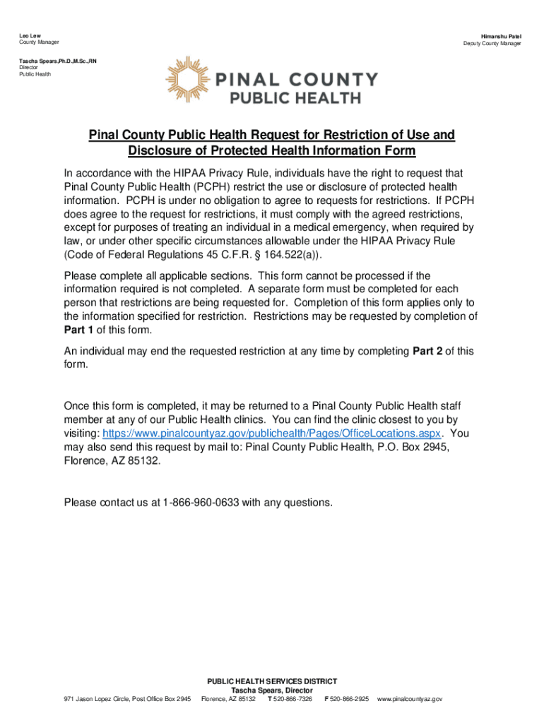 Fillable Online Pinal County Public Health Request for Restriction of ...