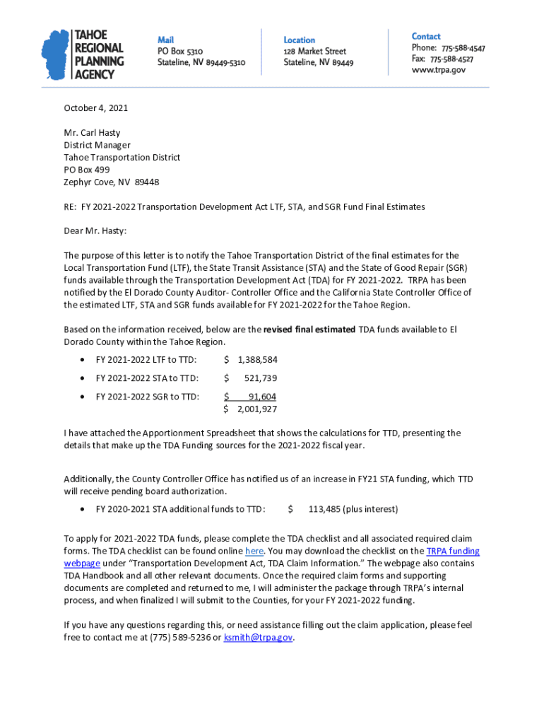 Fillable Online www.trpa.govTTD-TDA-Claim-Application-FY22October 4 ...