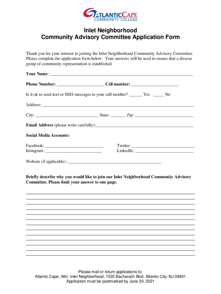 Fillable Online Inlet Neighborhood Community Advisory Committee ...