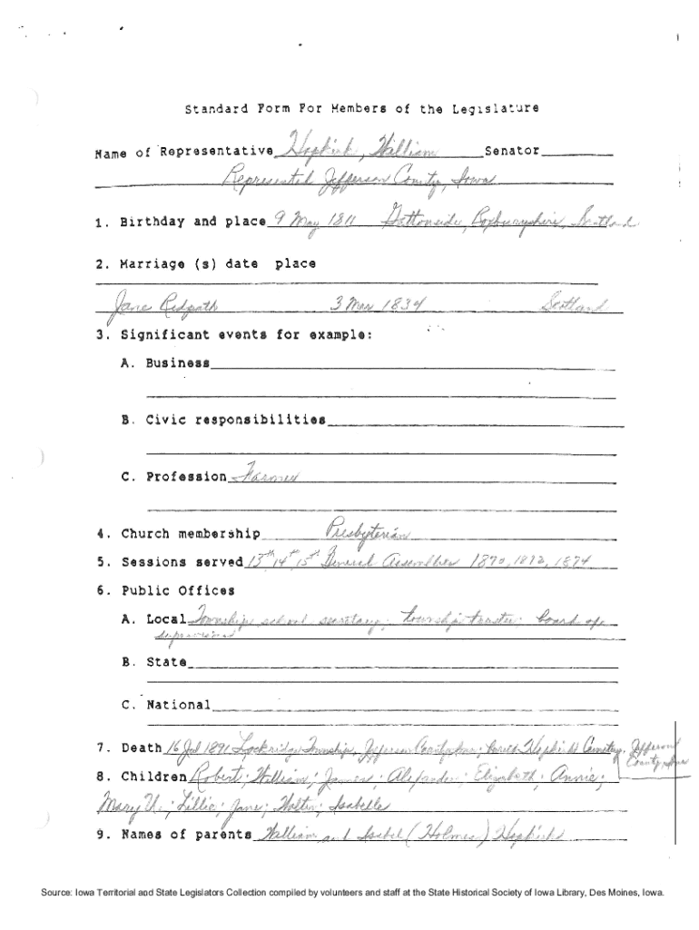 Fillable Online Standard Form For Hembers of the Le91slature !lame of ...