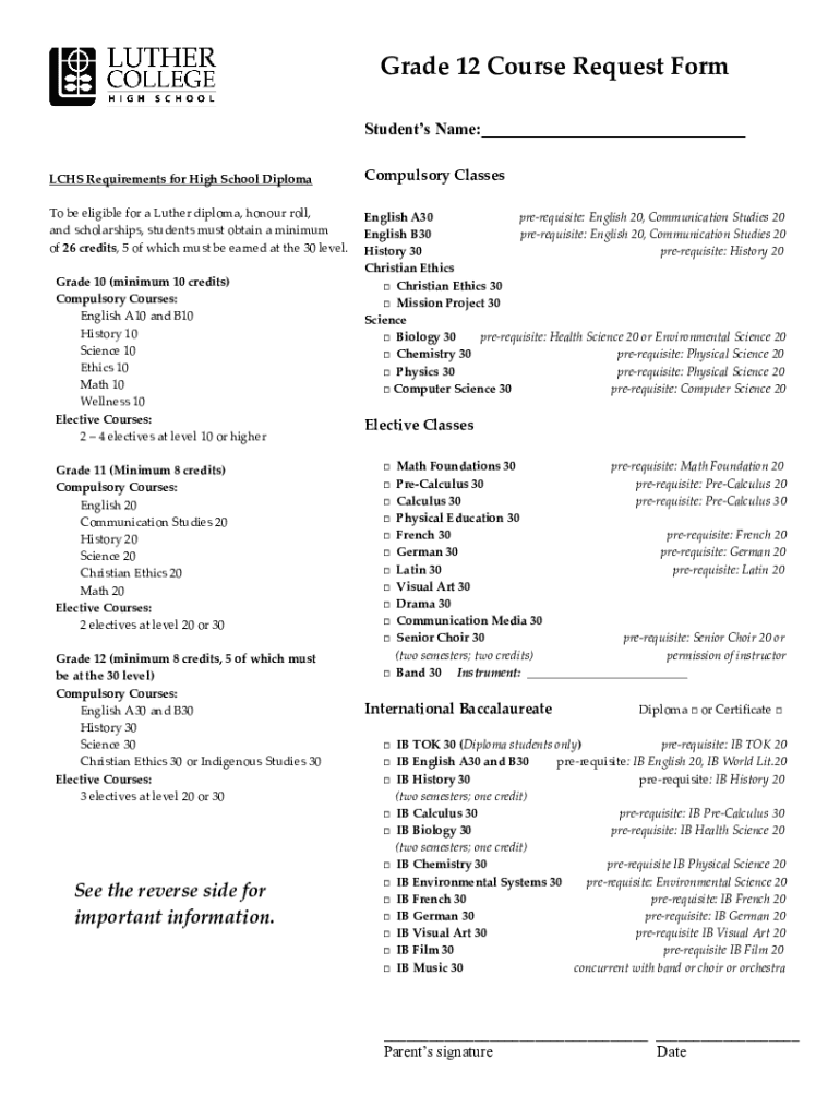 Fillable Online 12th Grade LCHS Course Request Form - Free Online Form ... Fax Email Print ...