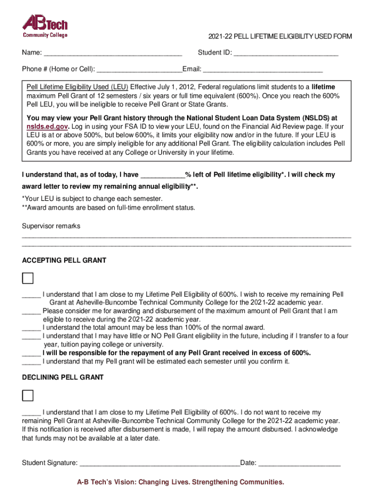 Fillable Online 2021-22 Pell Lifetime Eligibility Used Form Fax Email ...