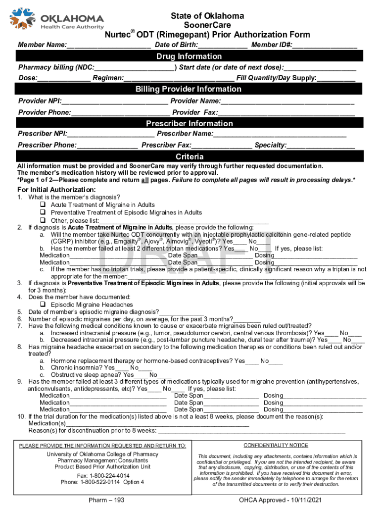 Fillable Online State of Oklahoma SoonerCare Nurtec ODT (Rimegepant) Prior ... Fax Email Print ...