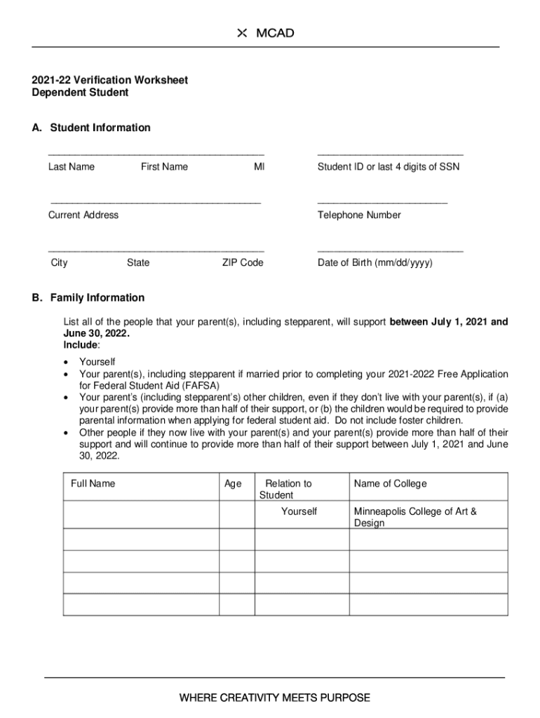 Fillable Online 20212022 V4 Verification Worksheet Dependent Student Fax Email Print - pdfFiller