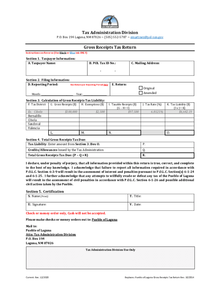 Fillable Online Tax Administration Division Gross Receipts Tax Return ...