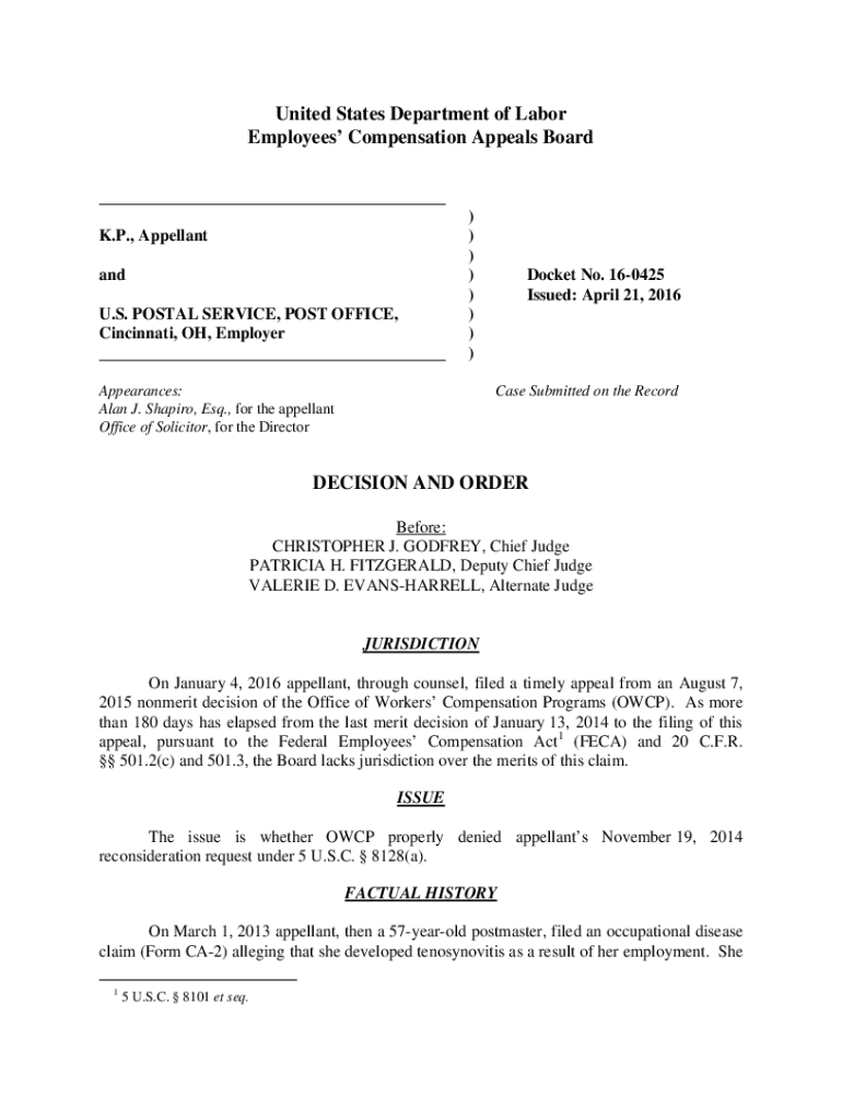 Fillable Online 16-0425: K.P. and U.S. POSTAL SERVICE, POST OFFIC ...