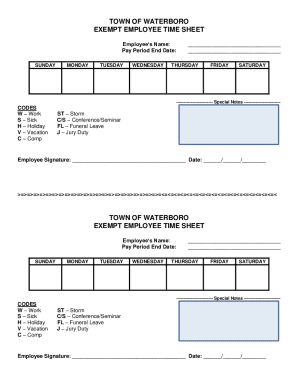 Fillable Online TOWN OF WATERBORO EXEMPT EMPLOYEE TIME SHEET TOWN ...