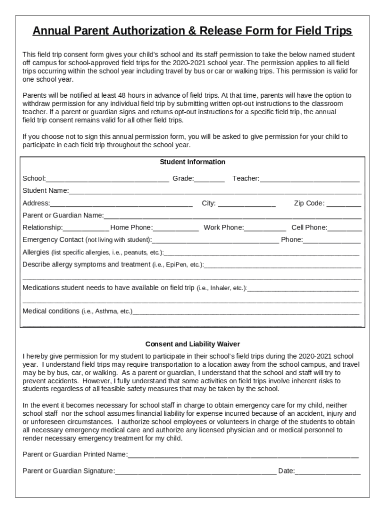 Parent Consent s For Field Trips Doc Template | pdfFiller