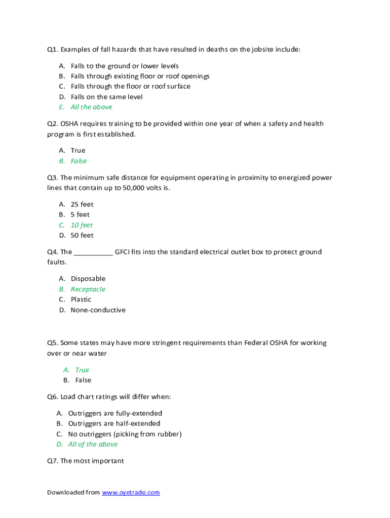 Fillable Online OSHA 10 Hour Construction Test Answer Key FALL HAZARDS ...