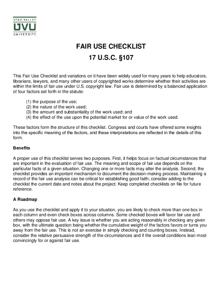 Fillable Online copyright.columbia.edufair-use-checklistFair Use ...