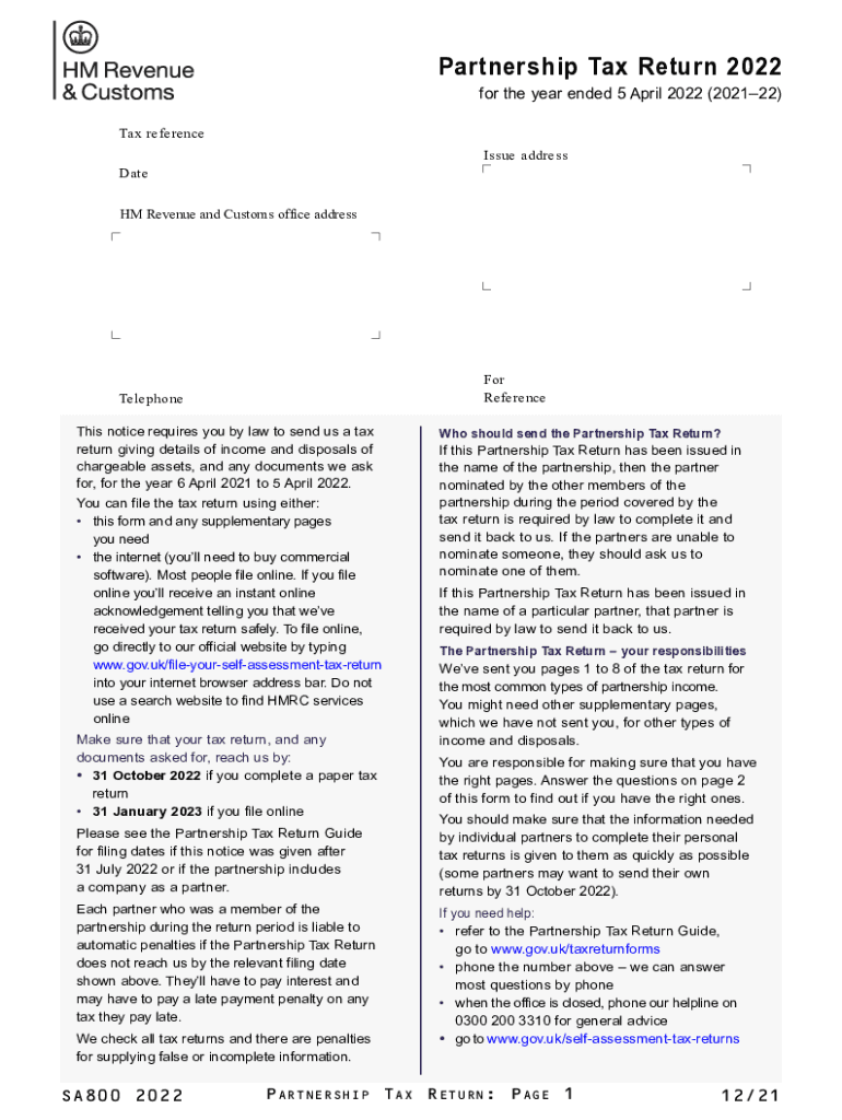 Fillable Online Partnership Tax Return (2022). Use form SA800(2022) to ...