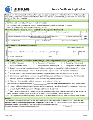 Fillable Online Death Certificate Application - Clay County, Minnesota Fax Email Print - pdfFiller