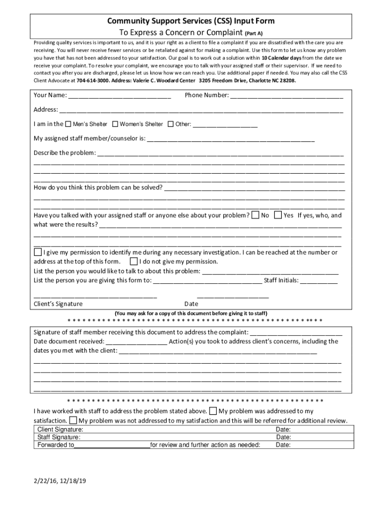 Fillable Online Community Support Services (CSS) Input Form To Express a ... Fax Email Print ...