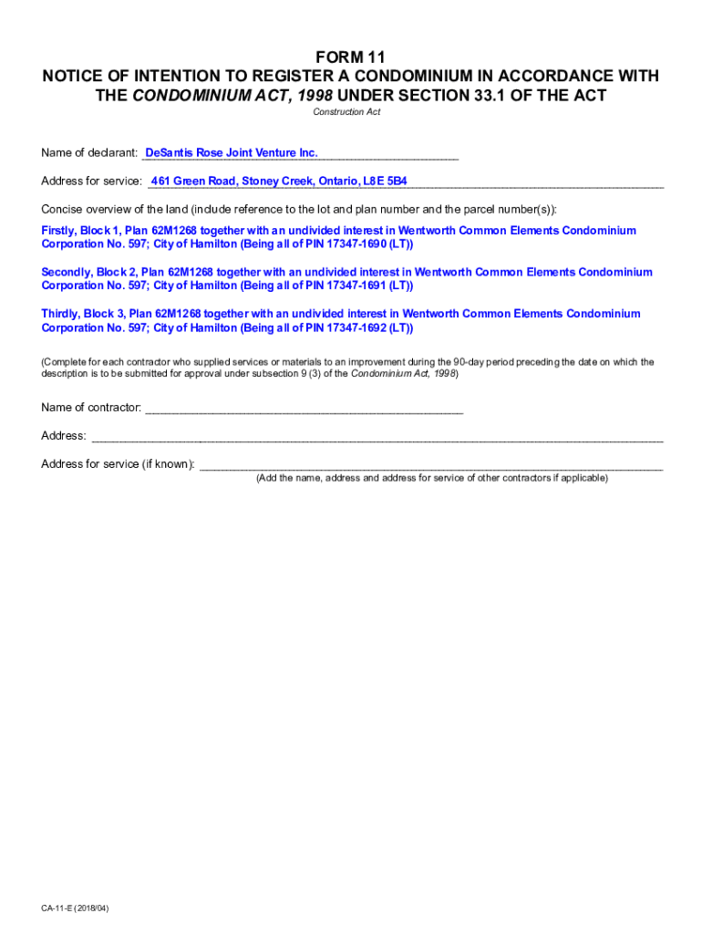 Fillable Online FORM 11 NOTICE OF INTENTION TO REGISTER A ... Fax Email ...