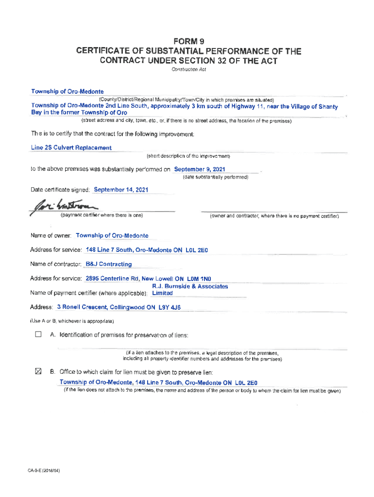Fillable Online FORM 9 CERTIFICATE OF SUBSTANTIAL PERFORMANCE ... Fax ...
