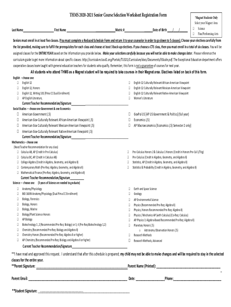 Fillable Online Sophomore Course Selection Worksheet 20-21 - thms.tusd1 ...
