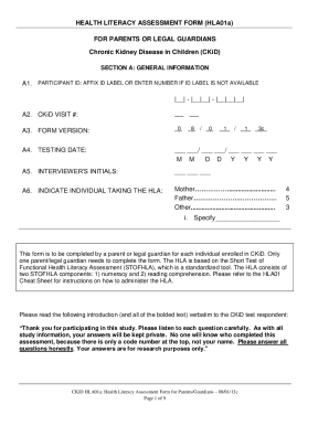 Fillable Online HEALTH LITERACY ASSESSMENT FORM (HLA01a) FOR PARENTS OR ...