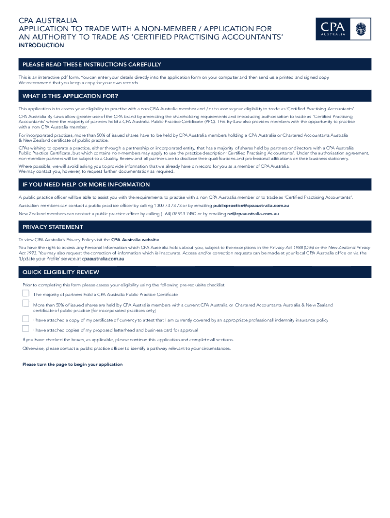 Fillable Online www.cpaaustralia.com.au-mediaCPA AUSTRALIA APPLICATION TO TRADE WITH A NON ...