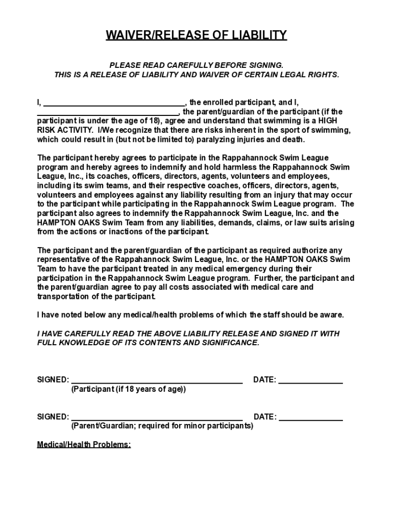 Fillable Online Waiver and Release Agreement - Avalanche Ranch Fax ...