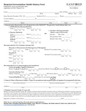 Fillable Online Required Immunization Health History Form Fax Email ...