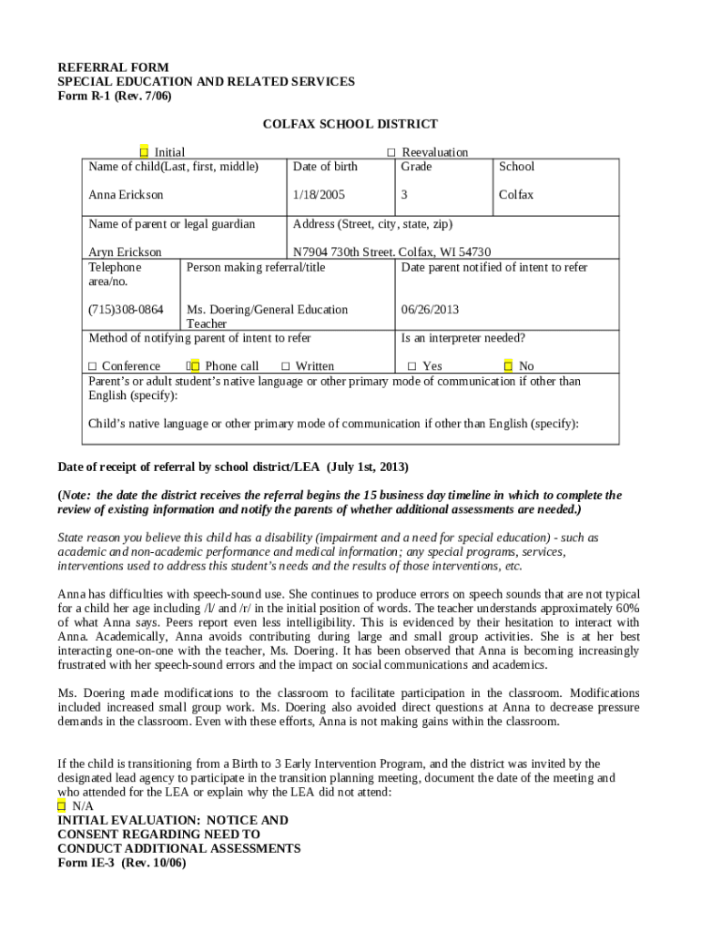 REFERRAL SPECIAL EDUCATION AND RELATED SERVICES ... Doc Template ...