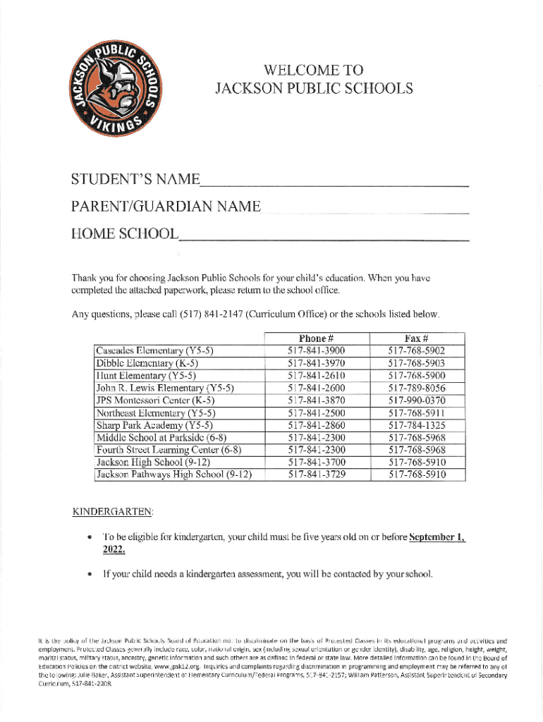 Fillable Online WELCOME TO JACKSON PUBLIC SCHOOLS STUDENT'S NAME Fax Email Print - pdfFiller