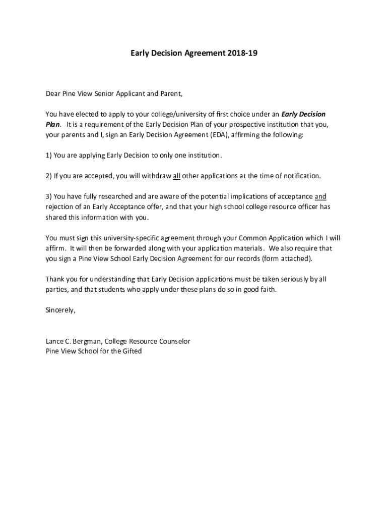 Fillable Online Early Decision Agreement 2020-21 - Pine View School ...