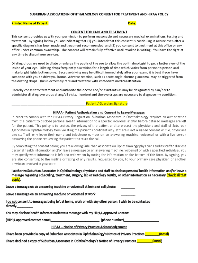 Fillable Online SUBURBAN ASSOCIATES IN OPHTHALMOLOGY CONSENT FOR ...