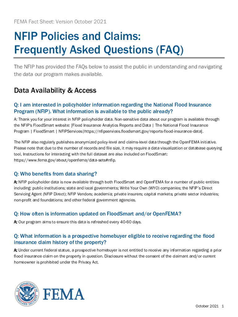 Fillable Online NFIP Policies and Claims: Frequently Asked Questions ...