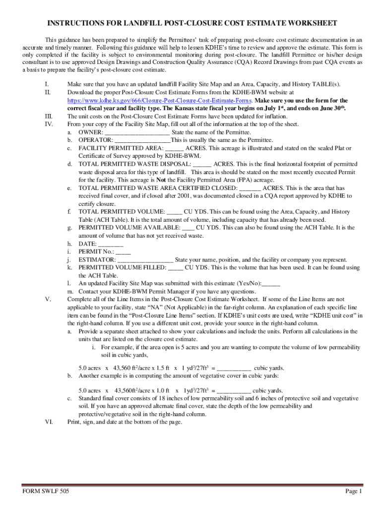 Fillable Online Fillable Online instructions for landfill closure cost ...