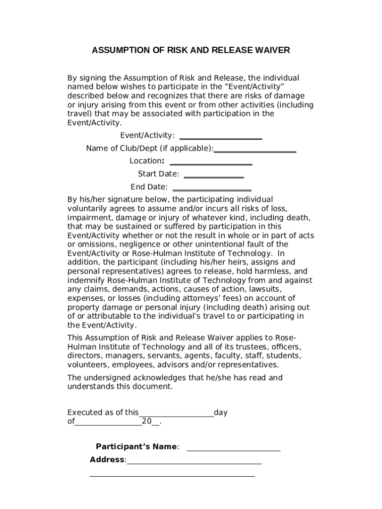 Assumption Of Risk, Release And Sample ClausesLaw Insider Doc Template ...