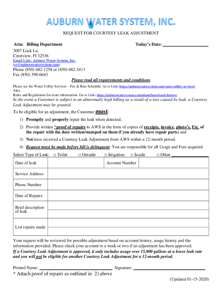 Fillable Online Request for Courtesy Leak Adjustment - Auburn Water ...