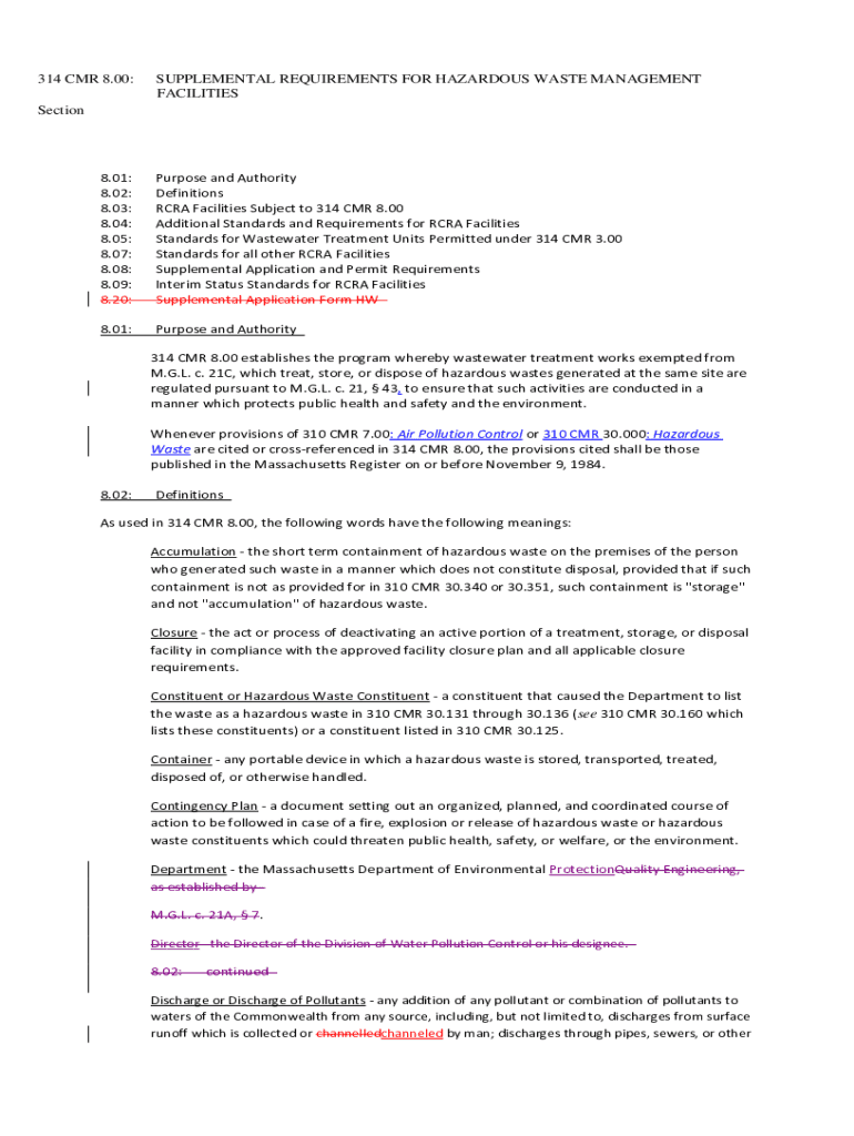 Fillable Online 314 CMR 8 - SUPPLEMENTAL REQUIREMENTS FOR HAZARDOUS ...
