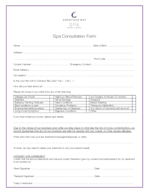 Fillable Online Spa Consultation Form - crantockbay.co.uk Fax Email ...