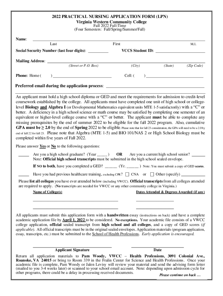 Fillable Online Practical Nursing Certificate - Virginia Western Community ... Fax Email Print ...