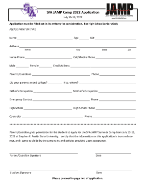 Fillable Online SFA JAMP Camp Application - Stephen F. Austin State ...
